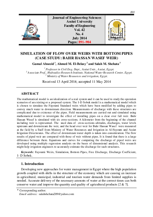 (PDF) Simulation of Flow Over Weirs with Bottom Pipes (Case Study: Bahr Hassan Wasef Weir)