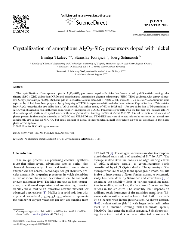 (PDF) Crystallization of amorphous Al2O3–SiO2 precursors doped with nickel