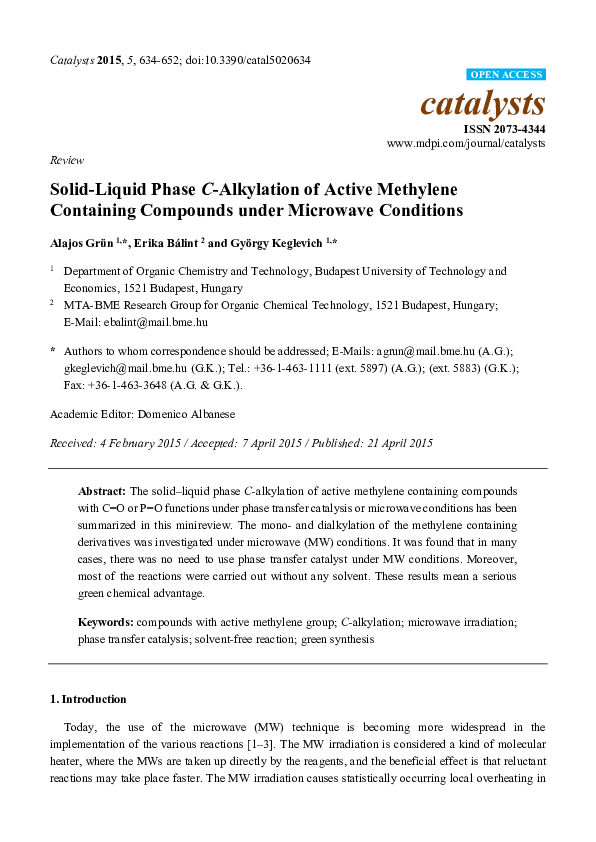 (PDF) Solid-Liquid Phase C-Alkylation of Active Methylene Containing Compounds under Microwave ...