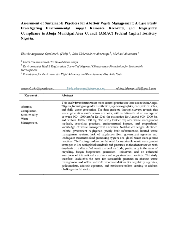 (PDF) Assessment of Sustainable Practices for Abattoir Waste Management: A Case Study ...