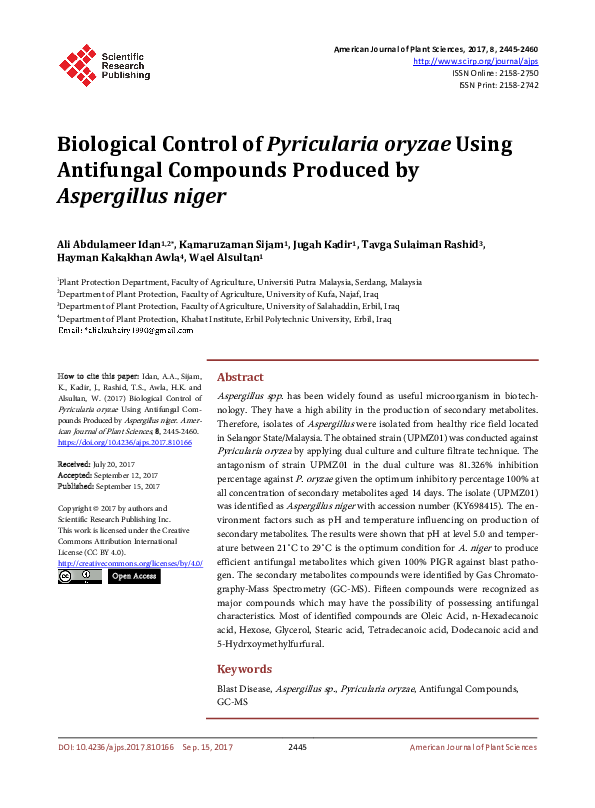 (PDF) Biological Control of Pyricularia oryzae Using Antifungal Compounds Produced by ...