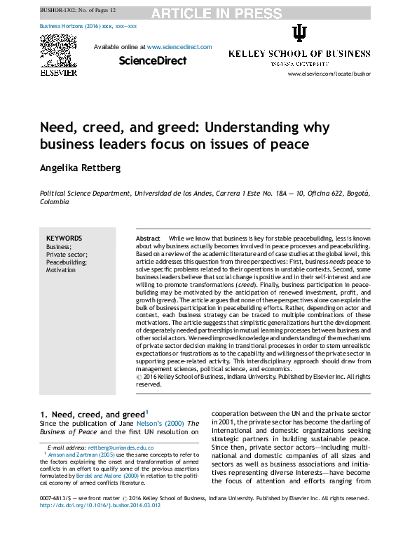 (PDF) Need, creed, and greed: Understanding why business leaders focus ...
