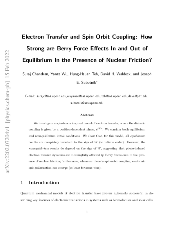 Pdf Electron Transfer And Spin Orbit Coupling Can Nuclear Motion Lead To Spin Selective Rates