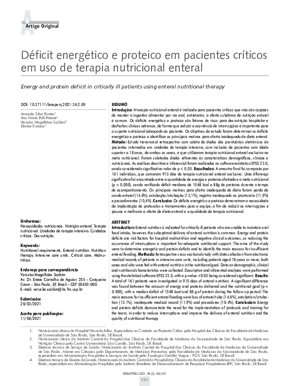 (PDF) Déficit energético e proteico em pacientes críticos em uso de ...