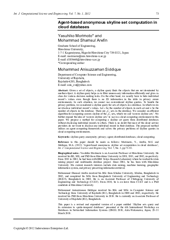 (PDF) Agent-based anonymous skyline set computation in cloud databases