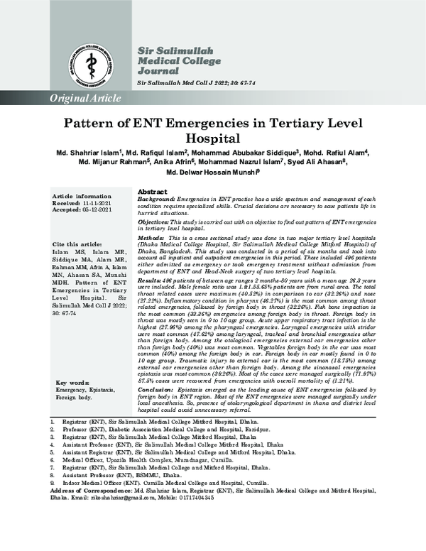 (PDF) Pattern of ENT Emergencies in Tertiary Level Hospital