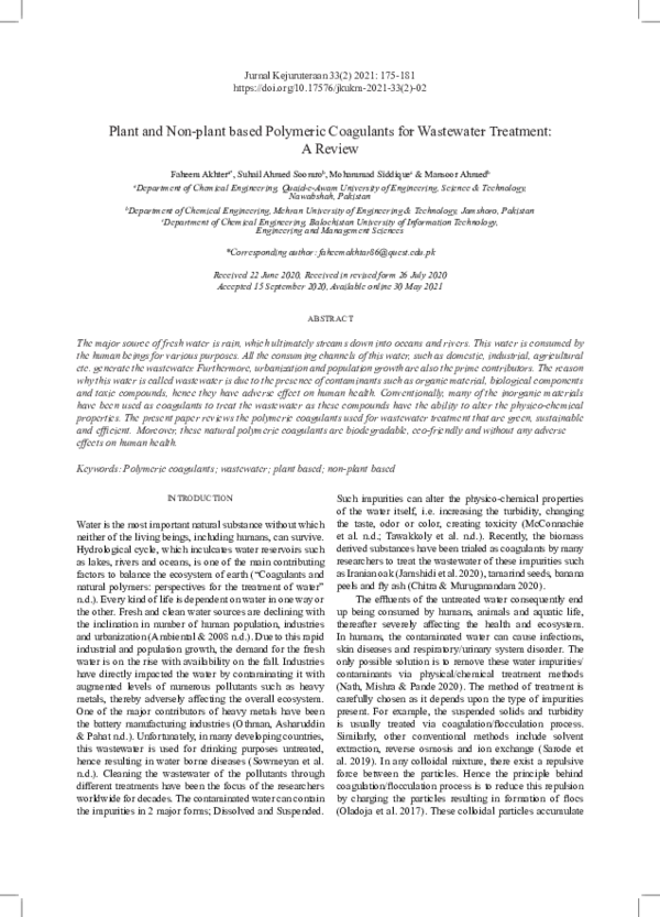 (PDF) Plant and Non-plant based Polymeric Coagulants for Wastewater ...