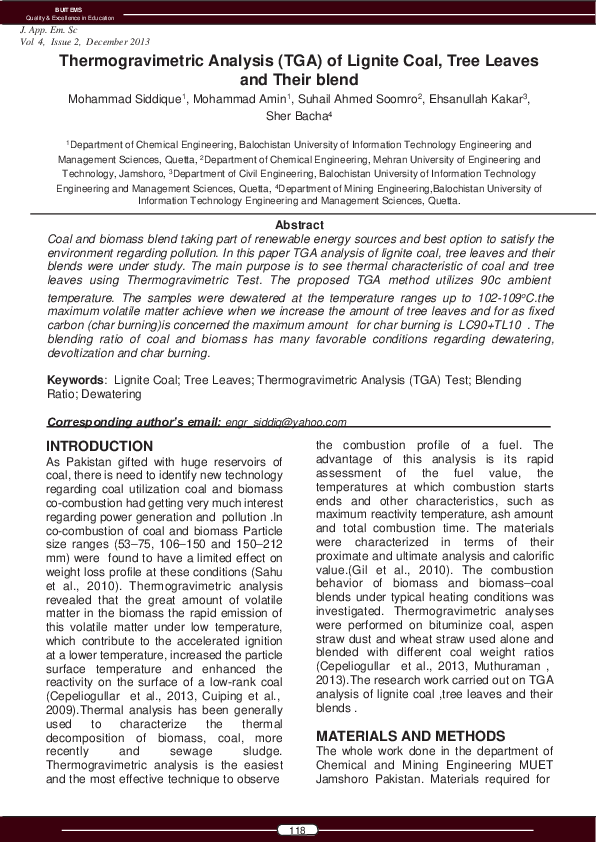 (PDF) Thermogravimetric Analysis (TGA) of Lignite Coal, Tree Leaves and ...
