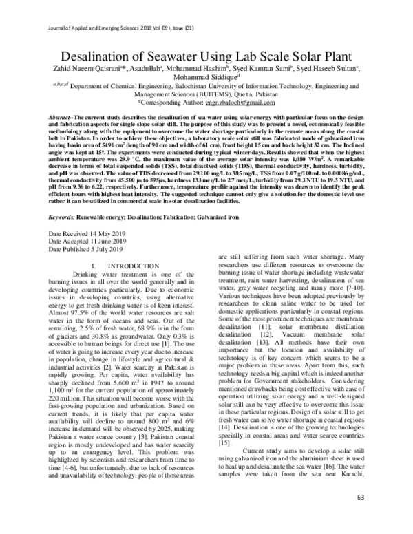 (PDF) Desalination of Seawater Using Lab Scale Solar Plant