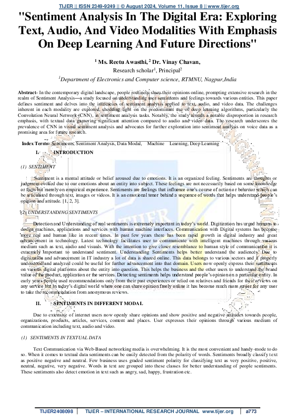 (PDF) "Sentiment Analysis In The Digital Era: Exploring Text, Audio, And Video Modalities With ...