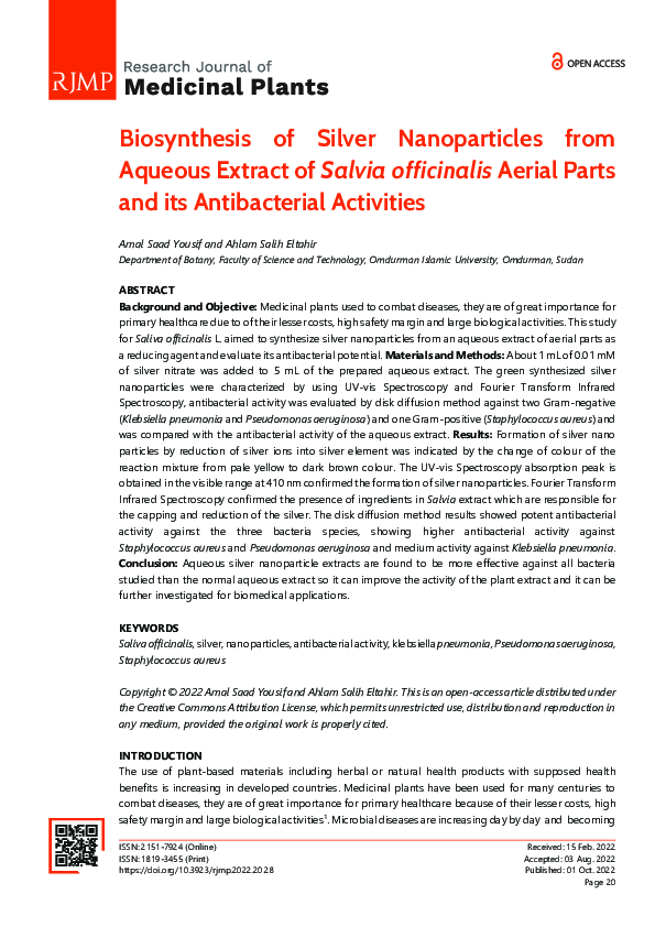 (PDF) Biosynthesis of Silver Nanoparticles from Aqueous Extract of Salvia officinalis Aerial ...