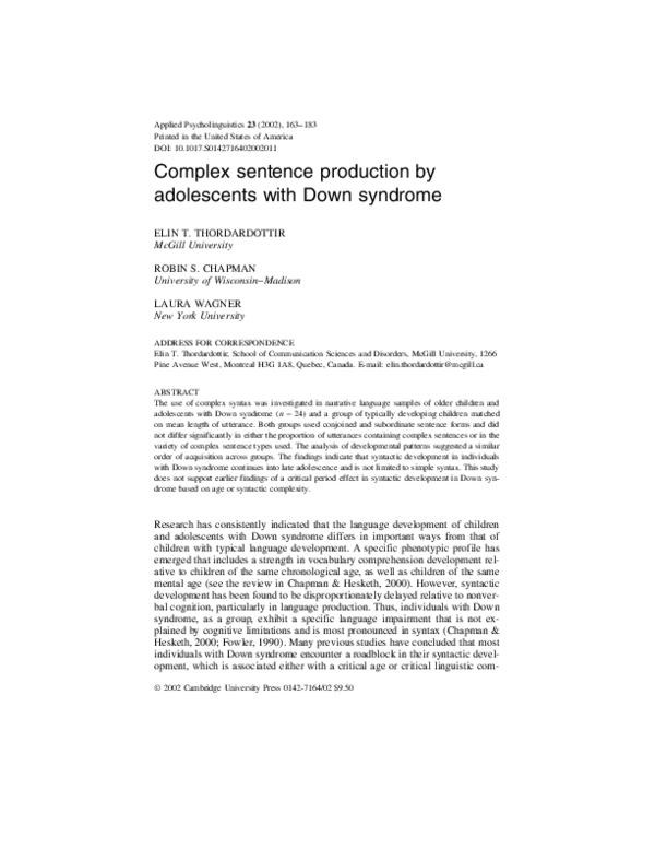 (PDF) Complex sentence production by adolescents with Down syndrome