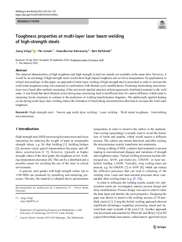 (PDF) Toughness properties at multi-layer laser beam welding of high ...