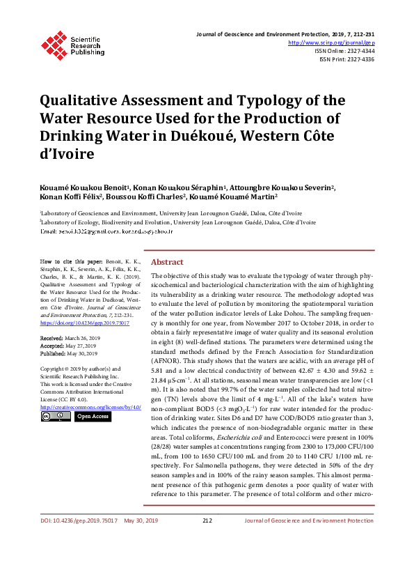 (PDF) Qualitative Assessment and Typology of the Water Resource Used ...