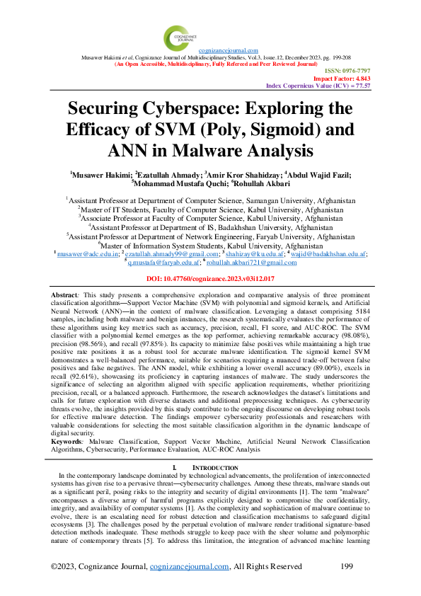 (PDF) Securing Cyberspace: Exploring the Efficacy of SVM (Poly, Sigmoid) and ANN in Malware Analysis