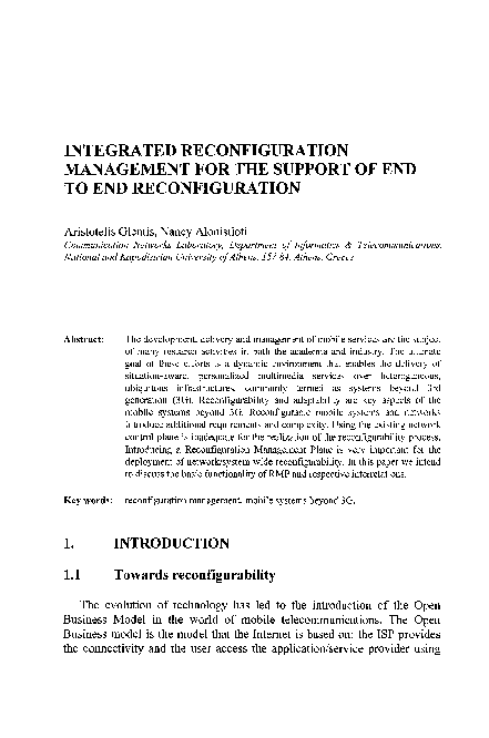 (PDF) Integrated Reconfiguration Management for the Support of End to End Reconfiguration