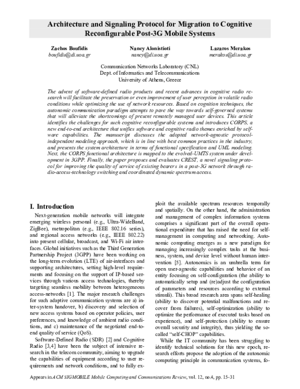 (PDF) Architecture and signaling protocol for migration to cognitive reconfigurable post-3G ...