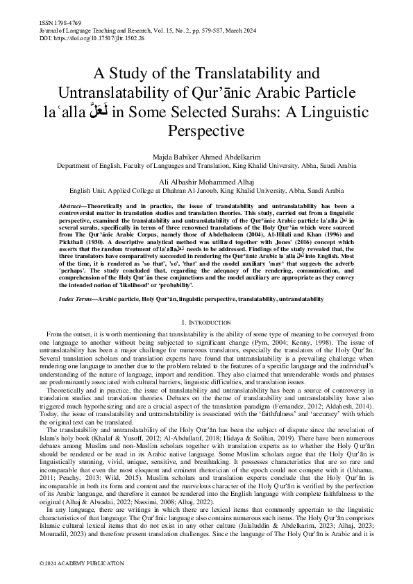 (PDF) A Study of the Translatability and Untranslatability of Qur’ānic ...