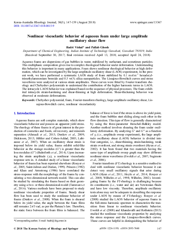 (PDF) Nonlinear viscoelastic behavior of aqueous foam under large amplitude oscillatory shear ...