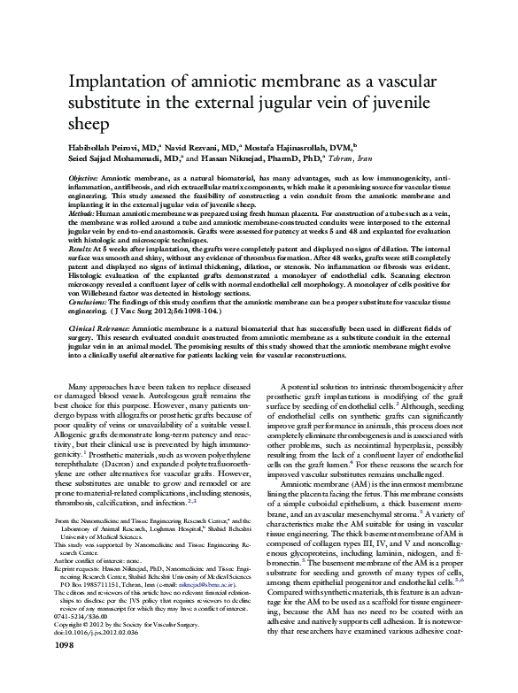 (PDF) Implantation of amniotic membrane as a vascular substitute in the ...