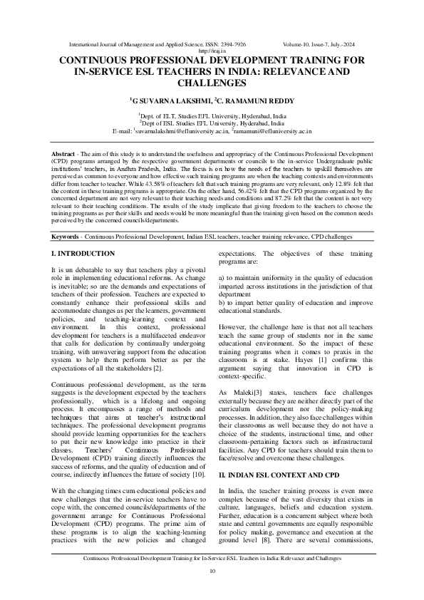 (PDF) CONTINUOUS PROFESSIONAL DEVELOPMENT TRAINING FOR IN-SERVICE ESL TEACHERS IN INDIA ...