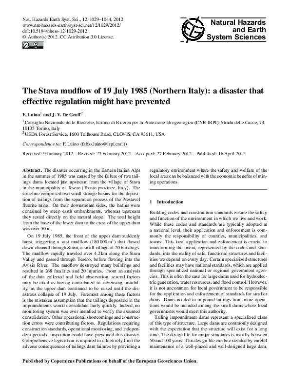 (PDF) The Stava mudflow of 19 July 1985 (Northern Italy): a disaster ...