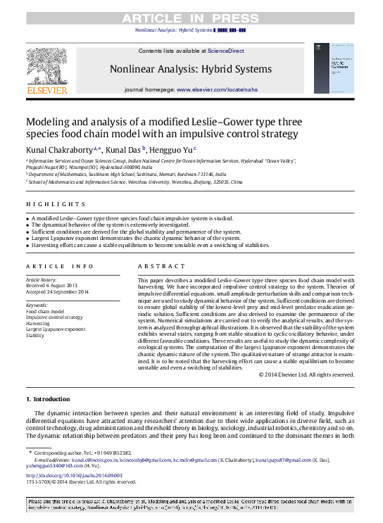 (PDF) Modeling and analysis of a modified Leslie–Gower type three ...