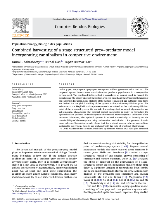 (PDF) Combined harvesting of a stage structured prey–predator model incorporating cannibalism in ...