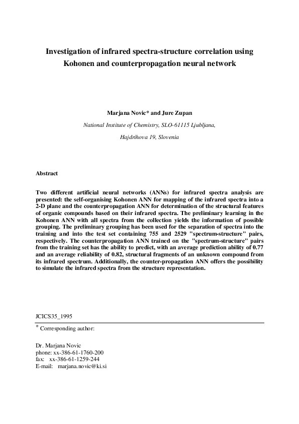 (PDF) Investigation of Infrared Spectra-Structure Correlation Using Kohonen and ...
