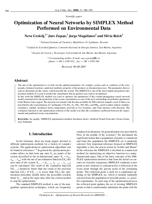 Optimization of Neural Networks by SIMPLEX Method Performed on Environmental Data