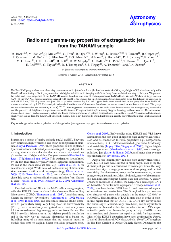 (PDF) Radio and gamma-ray properties of extragalactic jets from the ...
