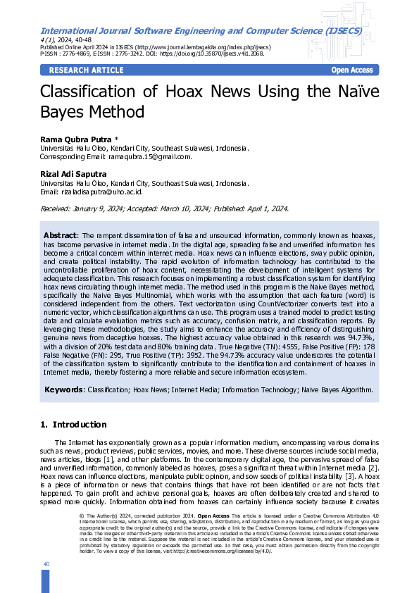 (PDF) Classification of Hoax News Using the Naïve Bayes Method
