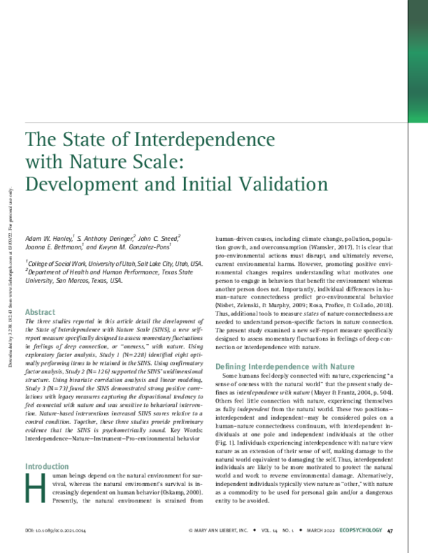 (PDF) The State of Interdependence with Nature Scale: Development and Initial Validation