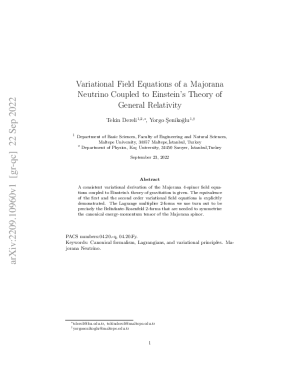 (PDF) Variational Field Equations of a Majorana Neutrino Coupled to Einstein's Theory of General ...