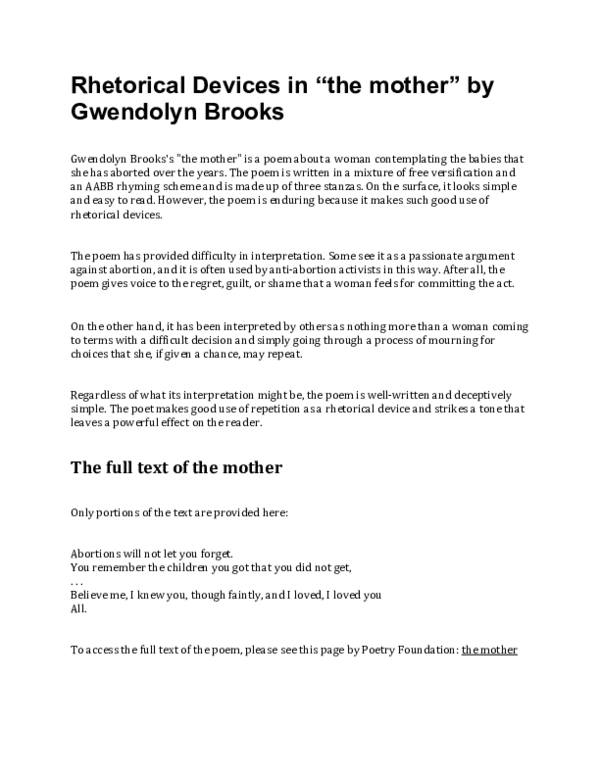 (PDF) Rhetorical Devices in "the mother" by Gwendolyn Brooks | Melchior ...