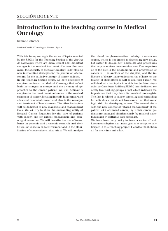 (PDF) Introduction to the teaching course in Medical Oncology