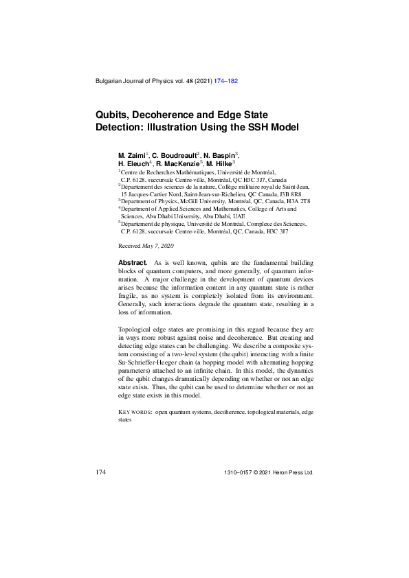 (PDF) Qubits, Decoherence and Edge State Detection: Illustration Using the SSH Model