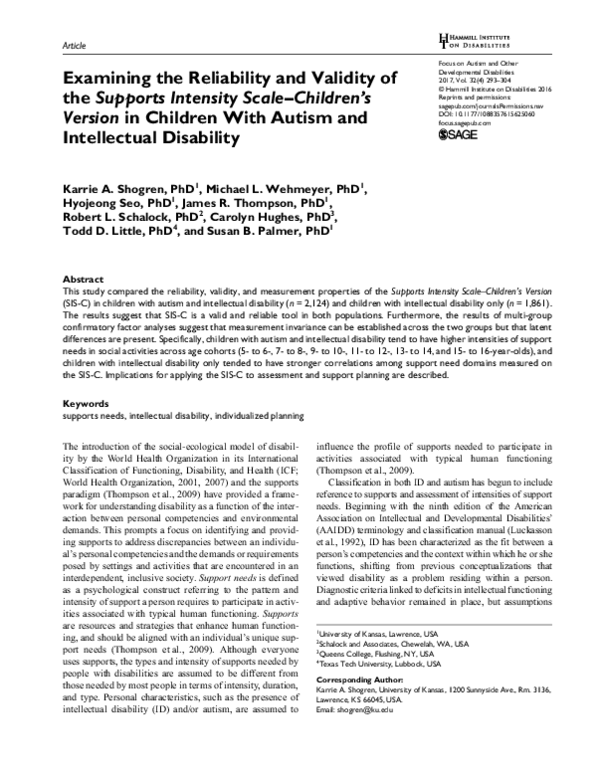 (PDF) Examining the Reliability and Validity of the Supports Intensity ...