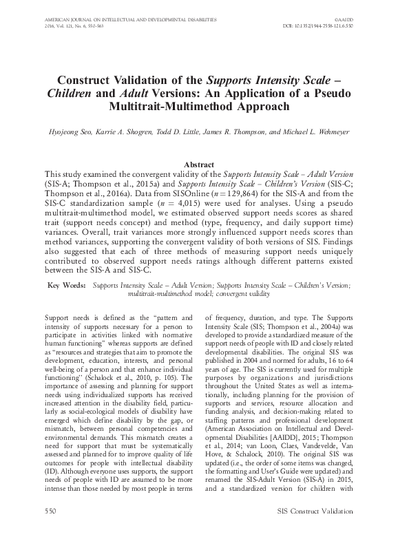(PDF) Construct Validation of the Supports Intensity Scale - Children and Adult Versions: An ...