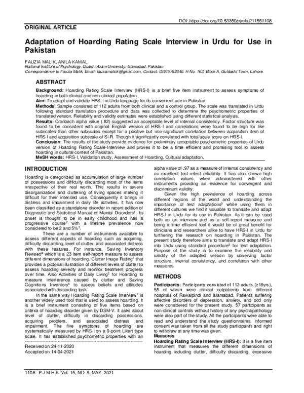 (PDF) Adaptation of Hoarding Rating Scale Interview in Urdu for Use in ...