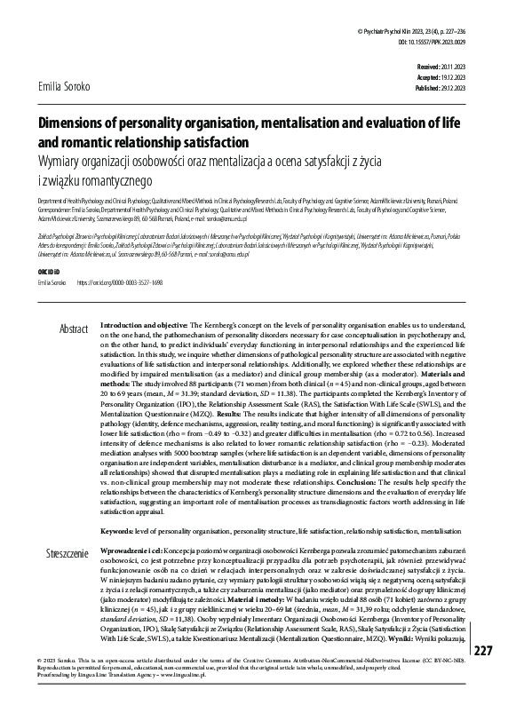 (PDF) Dimensions of personality organisation, mentalisation and ...