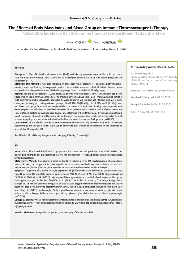 (PDF) Vücut Kitle İndeksi ve Kan Gruplarının İmmün Trombositopeni ...