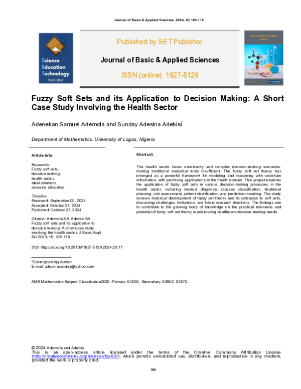 (PDF) Fuzzy Soft Sets and its Application to Decision Making: A Short Case Study Involving the ...
