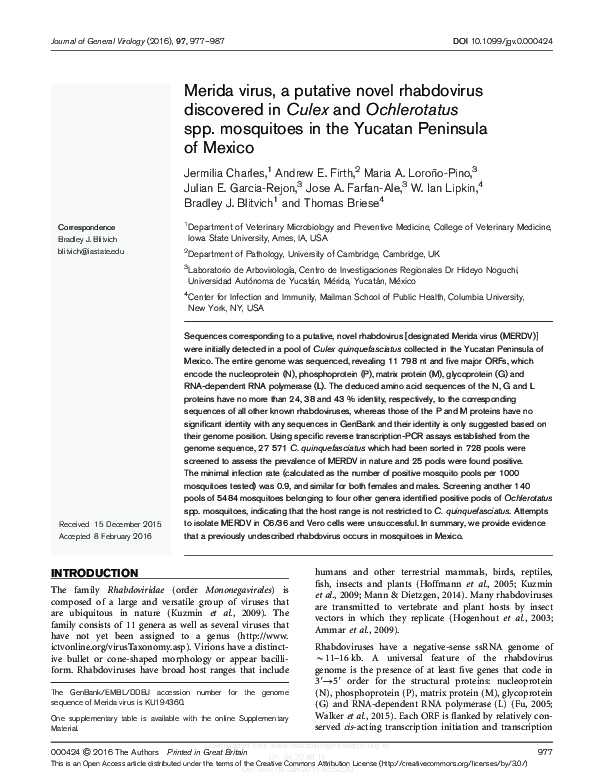 (PDF) Merida virus, a putative novel rhabdovirus discovered in Culex ...