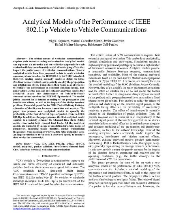 (PDF) Analytical Models of the Performance of IEEE 802.11p Vehicle to Vehicle Communications