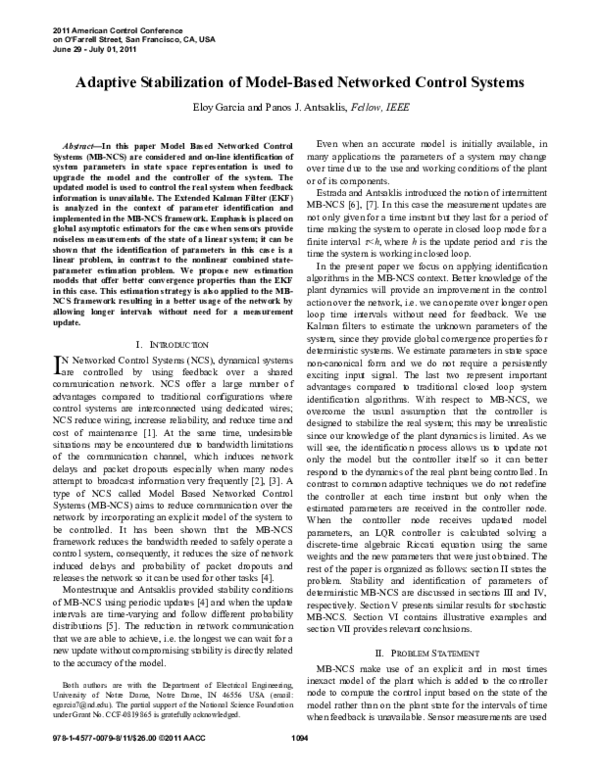 (PDF) Adaptive stabilization of Model-Based Networked Control Systems