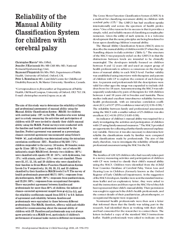 (PDF) Reliability of the Manual Ability Classification System for ...