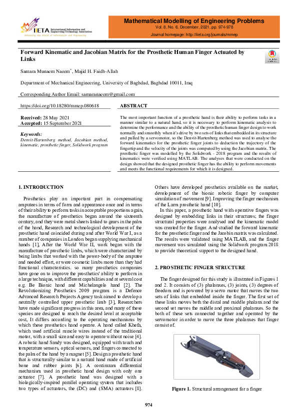 (PDF) Forward Kinematic and Jacobian Matrix for the Prosthetic Human Finger Actuated by Links