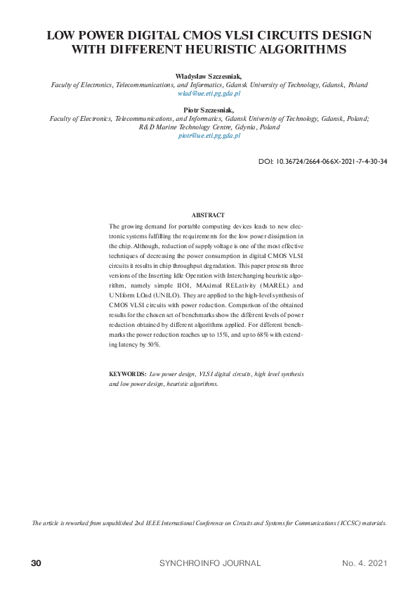 Pdf Low Power Digital Cmos Vlsi Circuits Design With Different Heuristic Algorithms