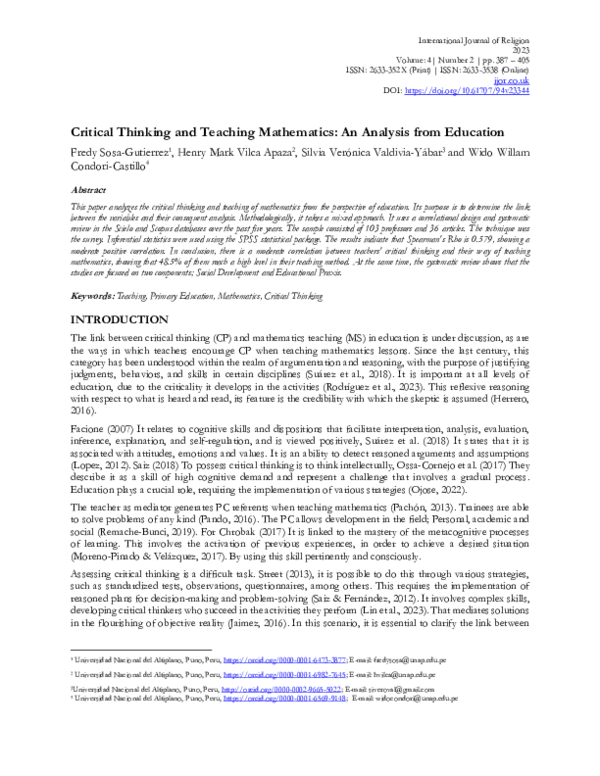 (PDF) Critical Thinking and Teaching Mathematics: An Analysis from ...